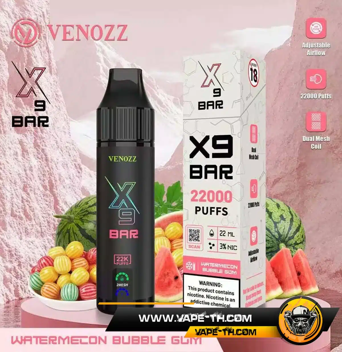 Venozz X9 Bar 22K 22,000 คำ พอตใช้แล้วทิ้ง จากแบรนด์ Venozz